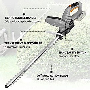 WORKSITE 20V Hedge Trimmer Cordless, Lightweight Bush Trimmer with 20-Inch Dual Steel Blade, Battery & Fast Charger Included