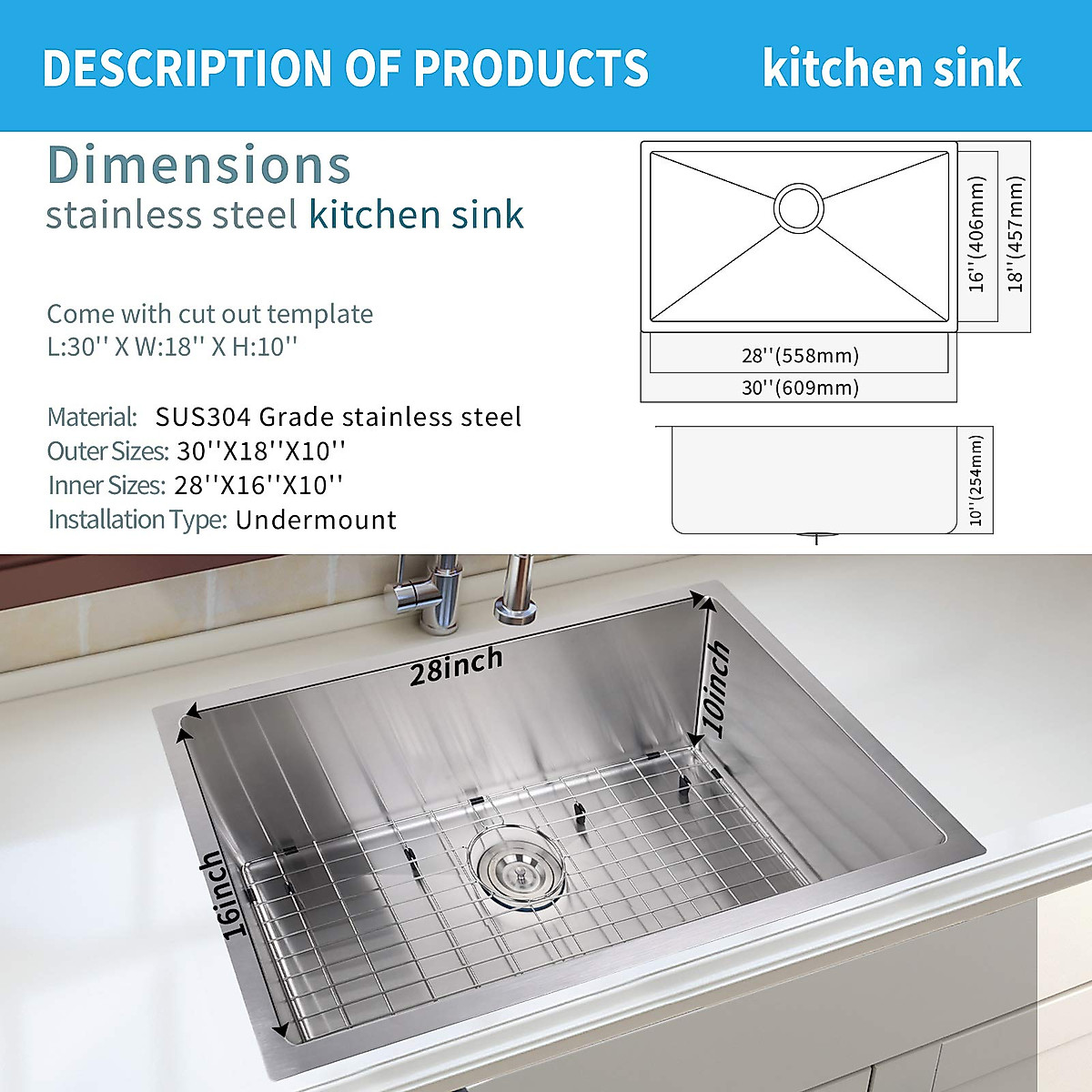 YSSOA 30-Inch Undermount Workstation Kitchen Sink, 20 Gauge Single Bowl Stainless Steel with Accessories (Pack of 3 Built-in Components), Silver