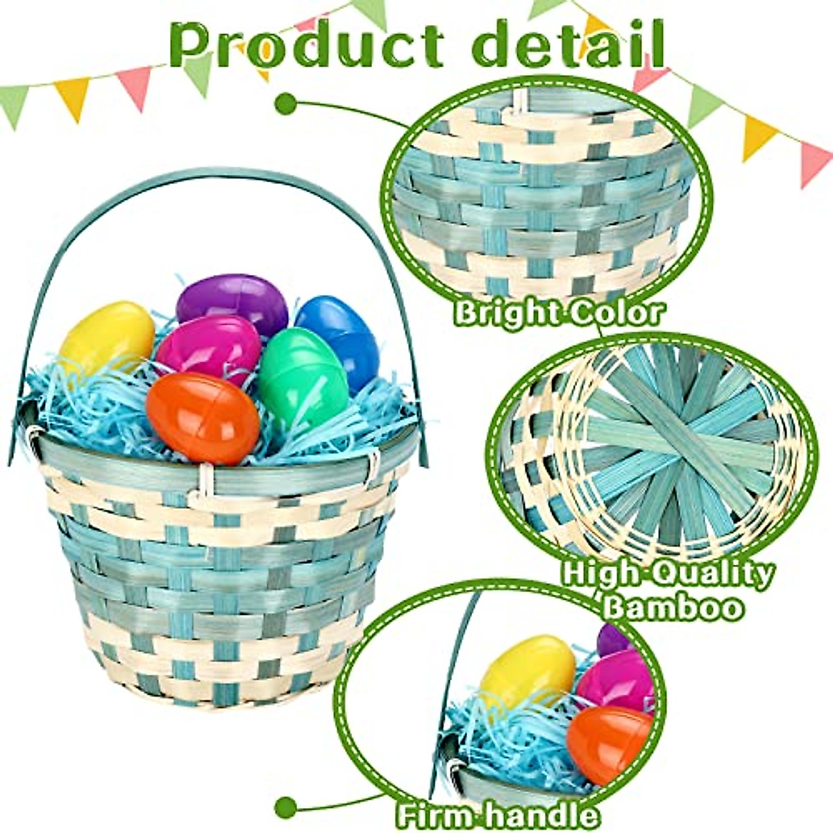 4 Set Large Easter Basket Bulk with 24 Pcs Easter Eggs, Handle Round Bamboo Woven Basket with Plastic Easter Eggs and 4 Pcs Colored Raffia Grass for Kids Baby Easter Bunny Party Supplies