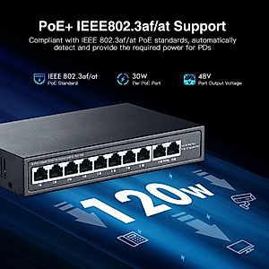 YuLinca 10 Port Mini Gigabit PoE Switch with 8 PoE+ Port, 2 Gigabit RJ45 Uplink, 10/100/1000Mbps, IEEE802.3af/at, Max 120W, Metal Fanless Plug & Play Ethernet Switch