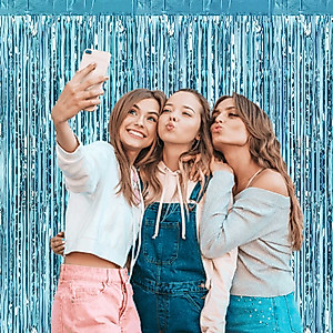 HalloweenDecorate 4 Pack Light Blue Foil Fringe Curtain Backdrop, 3.28Ftx8.2Ft Metallic Tinsel Streamer Curtains for Party, Photo Booth Props, Birthday, 2022 Graduation Decoration Party Supplies