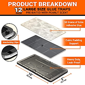 PESTQUEST 12 Pack Glue Mouse Traps Indoor for Home, Large Glue Traps for Mice and Rats, Pre-Baited Peanut Scent Sticky Rat Traps for Inside House, Snake, Lizard, Insect & Spiders, Pet & Family Safe