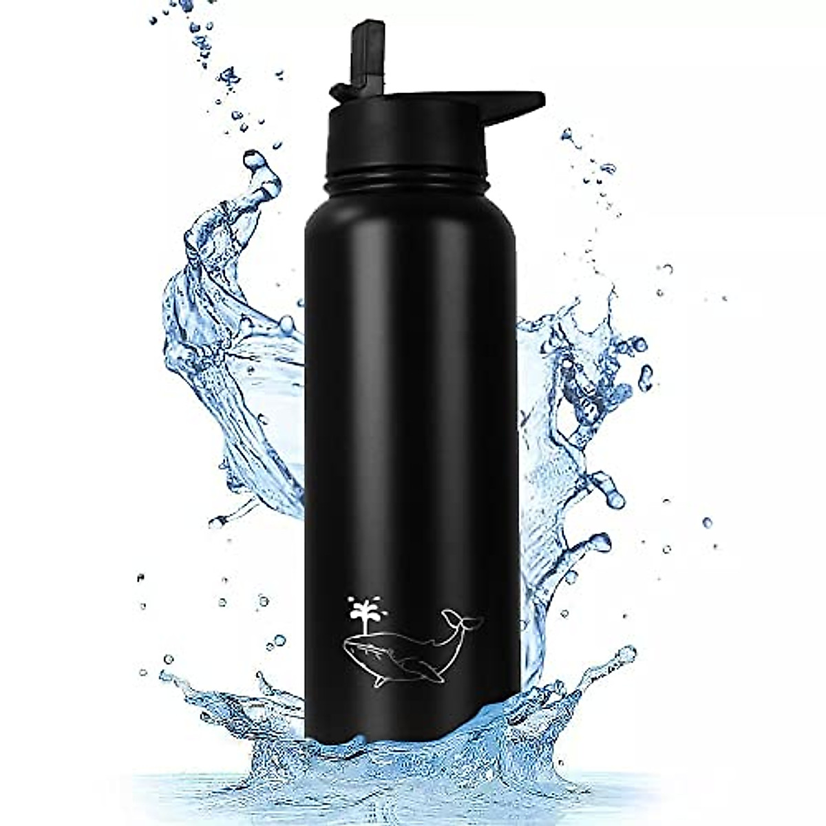 Stainless Steel Water Bottle 40 oz, 2 type Lid, Straw Lid, Wide Mouth, Leak Proof, Vacuum Insulated Stainless Steel, Double Walled, Carrying Pouch, Hot Cold Water, Powder Coating (Black)