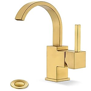 Phiestina Brushed Gold Single Hole Bathroom Faucet, Waterfall Single Handle 1 or 3 Hole RV Bathroom Faucet, Swivel 360 Degree with Deck Plate, Pop Up Drain and Water Supply Line, SGF05-BG-2
