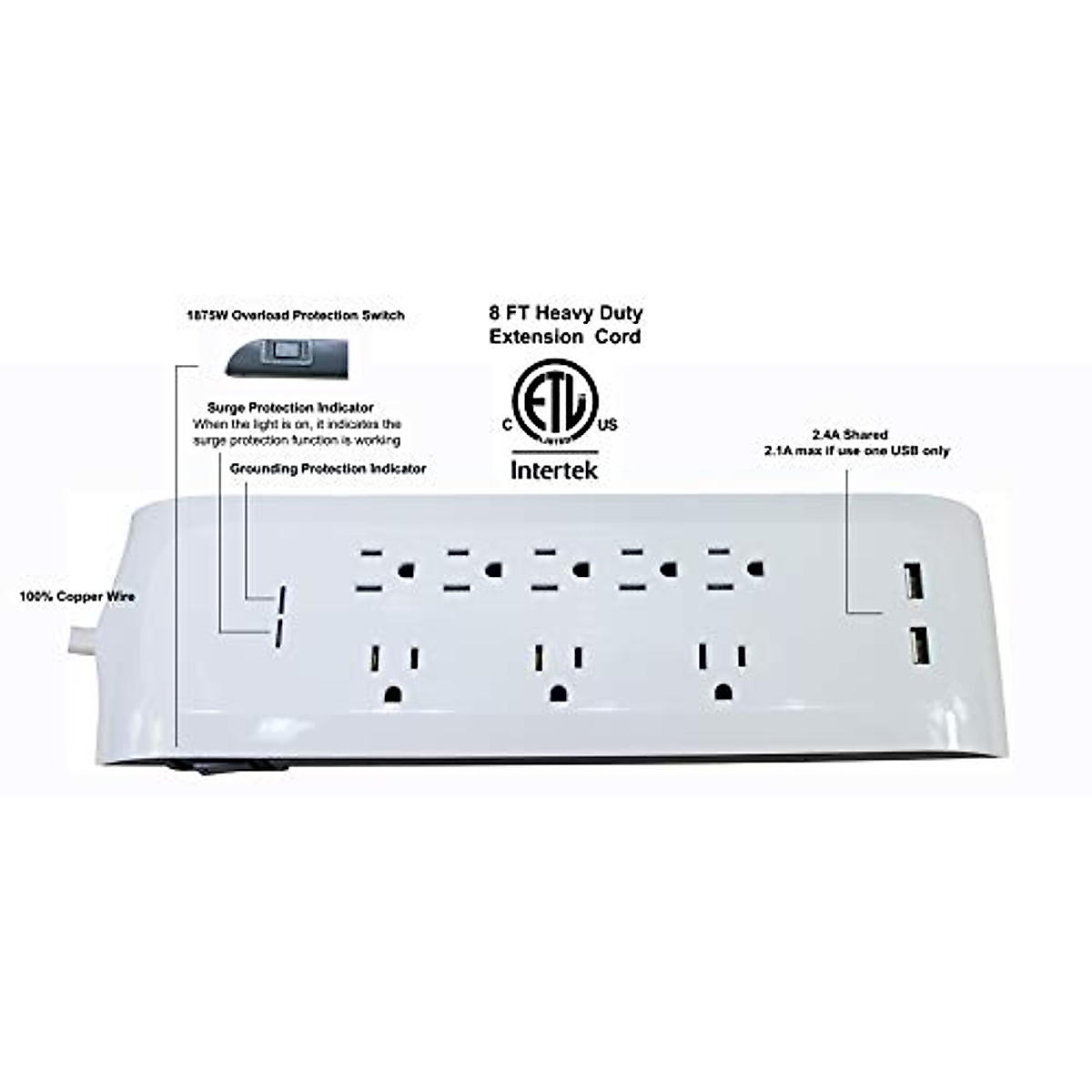 MaxWorks 50390 900 Joule 8 Outlet Power Strip with 2 USB Charging Ports, 8 Foot Power Cord 1875W 15A 125V 60HZ SJT 14/3