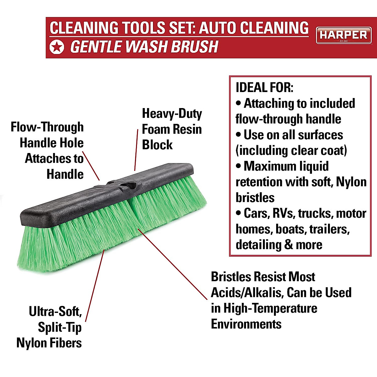 Harper 37518600 6-Piece Car Wash Brush Set with Telescoping Flow-Through Handle, (3) Brush Heads, (1) Soft Hand Brush and (1) Stiff Hand Brush