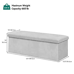 YITAHOME 43 Inches Folding 120L Storage Ottoman Bench, Velvet Footrest with 35mm high Elasticity Sponge seat and Metal Frame for Sturdiness- Holds Upto 680 Lbs (Grey)