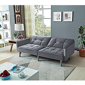 Legend Furniture Velvet Sofa Bed Sleeper with Pillow Sofabed, Grey