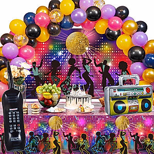 95 Pcs 70s Party Decorations Disco Party Balloons Decoration 70's Party Bundle Includes Inflatable Radio Boombox and Mobile Phone, Disco Plastic Party Backdrop, Tablecloth, Balloons for Hip Hop Party
