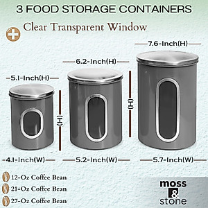 Moss And Stone 3 Piece Gray Canisters Sets For The Kitchen, Kitchen Jars With See Through Window | Airtight Coffee Container, Tea Organizer, And Sugar Canister, Kitchen Canisters Set of 3 (Grey)