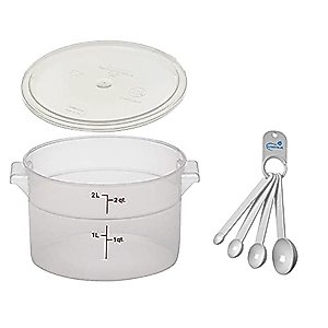 Lumintrail Cambro 2 Quart Round Food Storage Container, Translucent, with a Translucent Lid, Bundle with a Measuring Spoon Set
