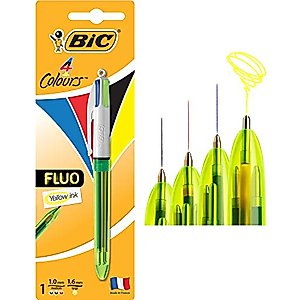 BIC 4 Colours Fluo Ballpoint Pen Black, Blue, Red and Fluorescent Yellow Ink Colours 1 Pack