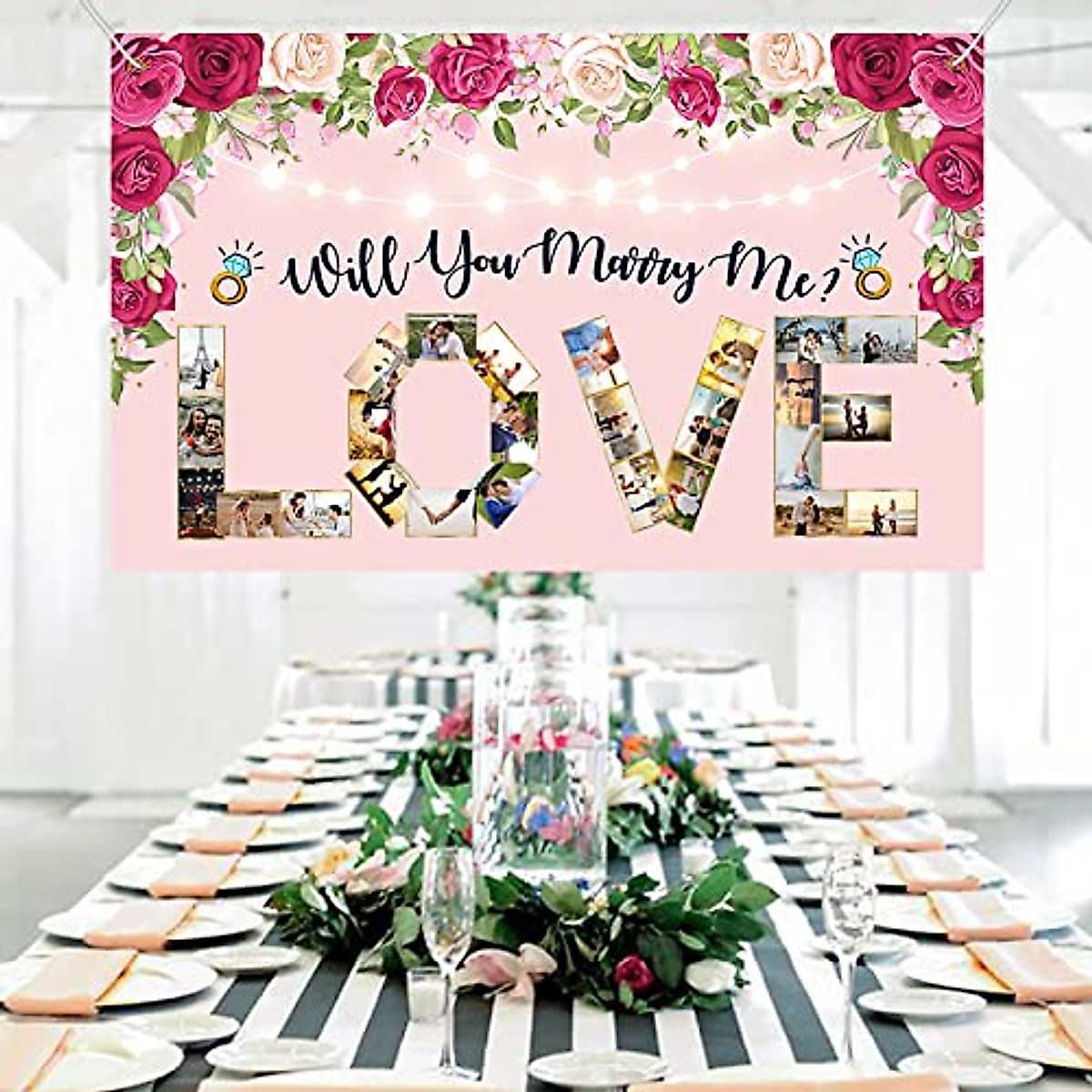 MEFENG Will You Marry Me Photo Backdrop Banner-Rose Diamonds and LOVE Sign Photo Banner-Proposal Announcement Engagement Wedding Bridal Shower Party Decor-Indoor Outdoor Photo Backdrop Banner.6*3.6feet