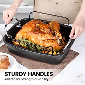 Olabocio Nonstick Roasting Pan with Rack, Turkey Roasting Pan for Oven, Large Roaster Pan with Handle for Chicken, 17 Inch X 13 Inch, Carbon Steel, Dark Grey