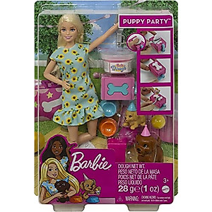 Barbie Puppy Party Doll and Playset, Blonde Doll with Sunflower Dress, 2 Pet Puppies, Cake Mold, Dough and Accessories