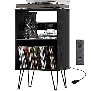 Record Player Stand, Turntable Stand with Charging Station & USB Ports, Large Vinyl Record Storage Table Holds up to 160 Albums, Vintage Holder Display Shelf, Turntable Nightstand for Living Room