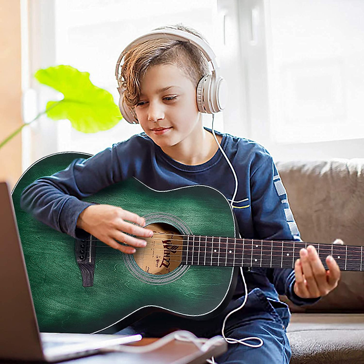 WINZZ HAND RUBBED Series - 36 Inches 3/4 Dreadnought Acoustic Acustica Guitar Bundle, Dark Hunter Green