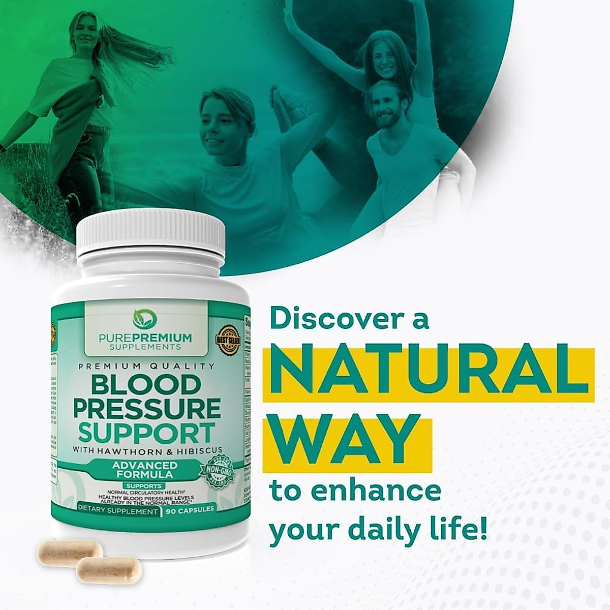 PurePremium Blood Pressure Supplements with Hawthorn Berry, Hibiscus - Nitric Oxide for Normal Blood Pressure Support with Vitamin B12 - Garlic Supplements for Normal Nitric Oxide Supplement - 90 Caps