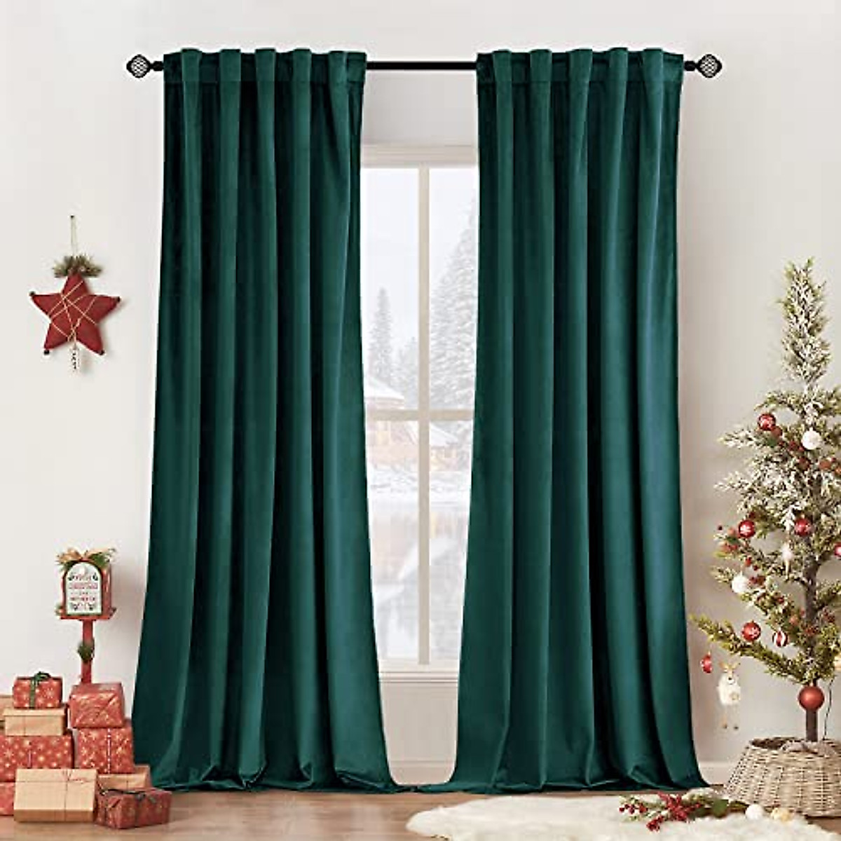 MIULEE Blackout Velvet Curtains Solid Soft Dark Green Thermal Insulated Soundproof Room Darkening Curtains/Drapes for Living Room Bedroom 52 x 96 Inch(2 Panels Grommet and 2 Panels Back Tab)