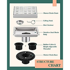 KUZOR Square Shower Drain 4 inch, Brushed Nickel 2 Pack Floor Drains for Shower with Flange and Hair Strainer, Brushed 304 Stainless Steel Quadrato Pattern Grate Removable, Fast 6.5 GPM Drainage