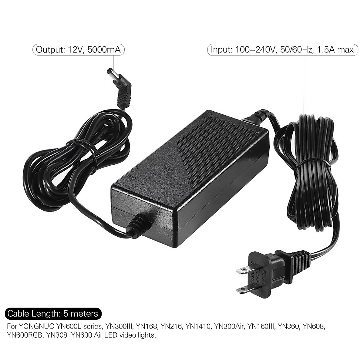 YONGNUO YONGNUO 12V 5A AC Power Adapter with US Plug Wide Voltage 100-240V for YONGNUO YN600L Series YN300III YN168 YN216 YN1410 YN300Air YN160III YN360 YN608 YN600RGB YN308 YN600 Air LED Video Light