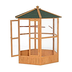PawHut 69" Large Wooden Hexagonal Outdoor Aviary Flight Bird Cage with Covered Roof