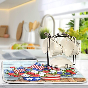 American Flag Spring Summer Flower Poppy Dish Drying Mat 18x24 for Kitchen Memorial Independence Day 4th of July USA Flag Dishes Pad Dish Drainer Rack Mats Absorbent Fast Dry Kitchen Accessories