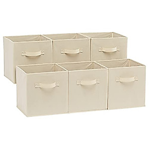 Amazon Basics Collapsible Fabric Storage Cubes Organizer with Handles, Beige - Pack of 6 & Amazon Basics 6-Cube Wire Grid Storage Shelves, 14" x 14" Stackable Cubes, White