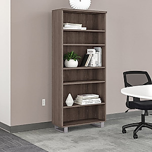 Unique Furniture Modern Zelma 5-Shelf Bookcase with Adjustable Shelves, Metal Frame Base, Freestanding for Office, Living Room, Bedroom, Library, Study Room, 13 x 32 x 72 in., Grey