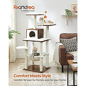 Feandrea WoodyWonders Cat Tree, Modern Cat Tower for Indoor Cats, 54.3-Inch Multi-Level Cat Condo, Ultra-Soft Plush, Scratching Posts, Hammock, Removable, Washable Cushions, Rustic Brown UPCT164X01