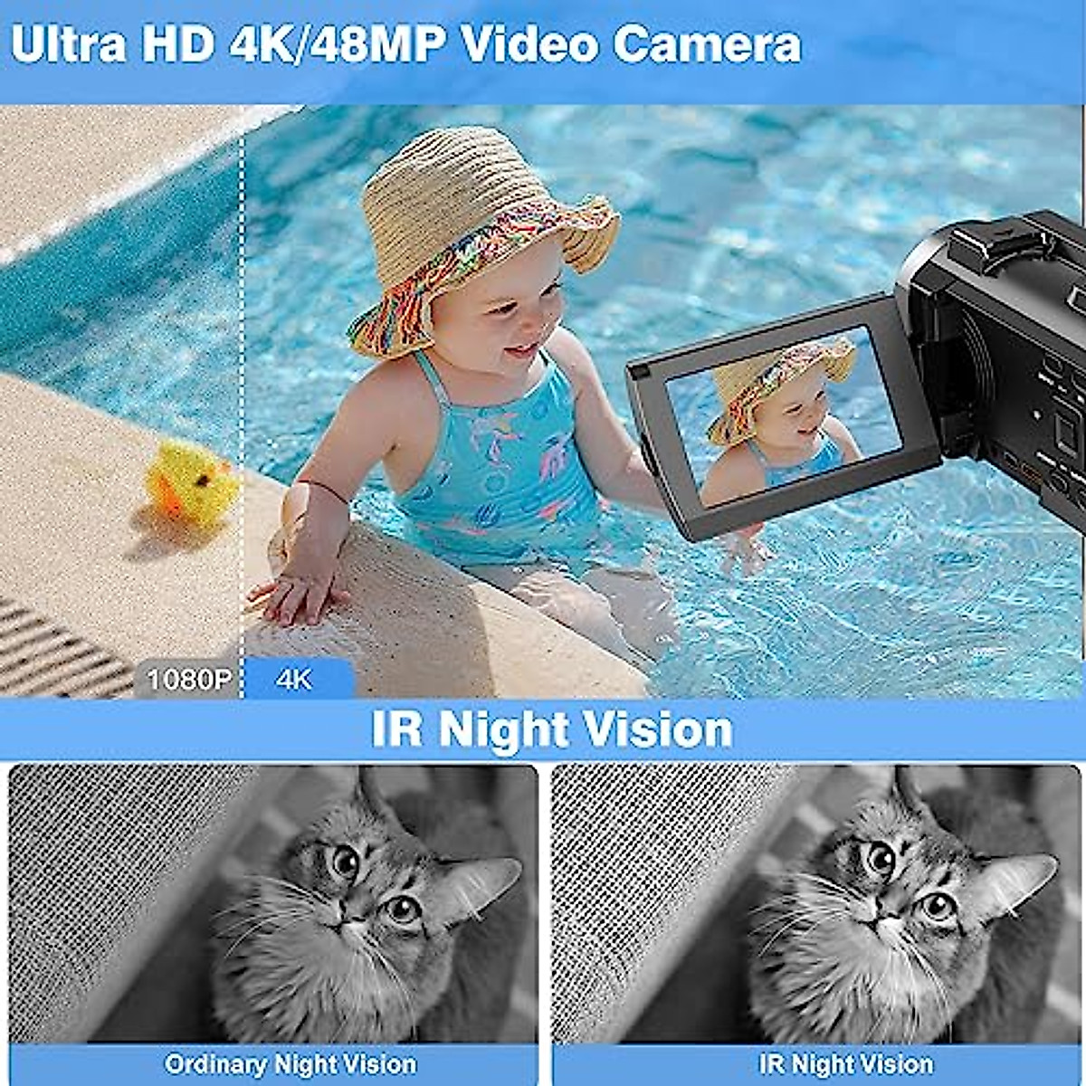 Camcorders Video Camera 4K, 48MP Ultra HD WiFi Vlogging Camera for YouTube, IR Night Vision 3.0" Touch Screen 16X Digital Video Recorder with Microphone, Stabilizer, Lens Hood, Remote,2 Batteries