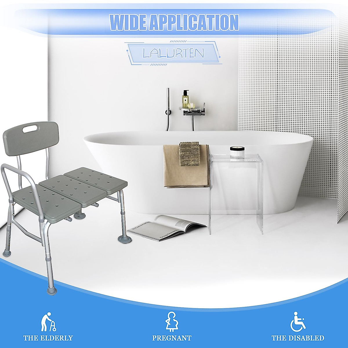 Lalurten Bathtub Transfer Bench with Height Adjustable Legs Tub Transfer Bench Shower Chair with Backrest & Armrest Convert to Right/Left Hand Entry Transfer Bench for Bathtub Support 330 lbs (Grey)