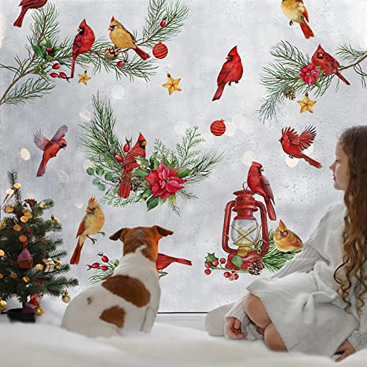 Mfault Winter Cardinals Window Clings 9 Sheets, Christmas Red Birds Glass Stickers Decal Poinsettia Pine Cone Bedroom Decorations, Xmas Kerosene Lamp Tree Branches Home Kitchen Living Room Decor