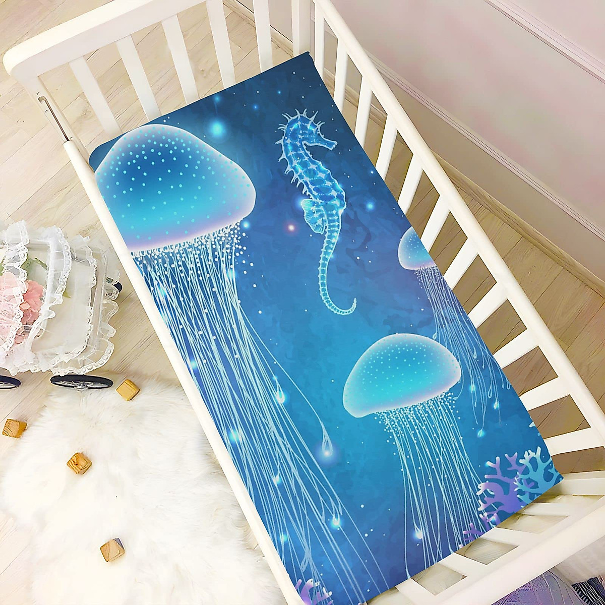 Blueangle Fitted Crib Sheet Glowing Jellyfish Baby Sheets for Standard Crib Toddler Mattress Cover, Soft Microfiber Breathable Mattress Cover for Boys and Girls（177）