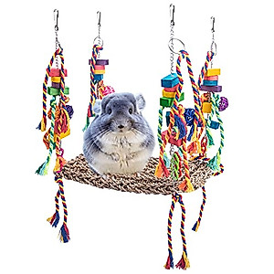 Bird Toys, Parrot Foraging Wall Toy, Edible Seagrass Woven Hammock Swing Perch with Colorful Chewing Toys for Lovebirds, Finch, Parakeets, Budgerigars, Conure, Cockatiel, Canary, Amazon, African Grey