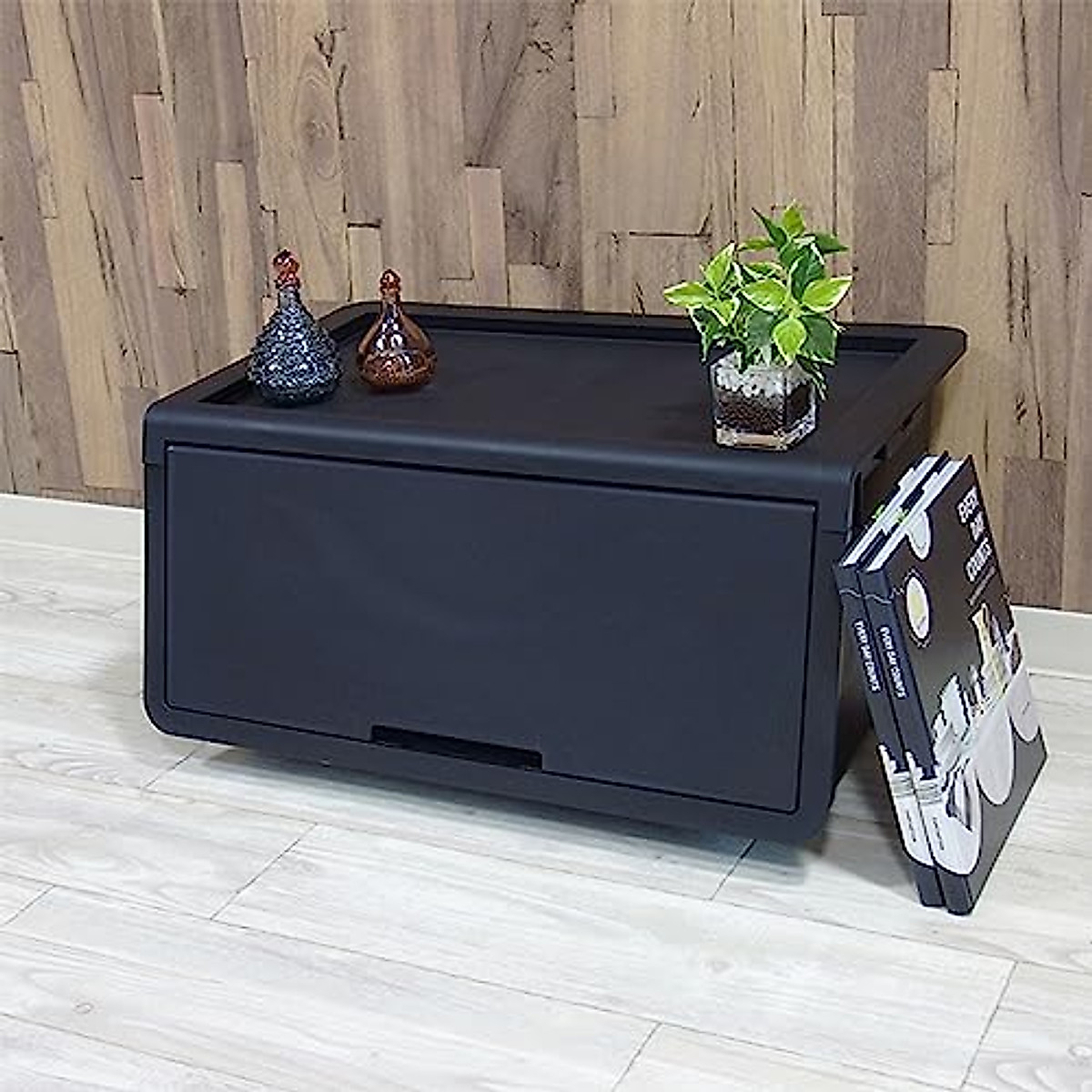 ASTAGE flip top storage bin lockable box plastic storage box with retractable lid modular stackable box storage organization - Large 2 Pack Black