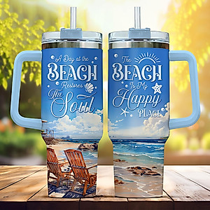 99WHALE Beach Gifts, Blue White Straws Light Summer Women Handle For Royal Myrtle Insulated Brown Navy Tumblers, Beach Restore Soul, Tumbler 40 Oz With Handle Lid And Straw