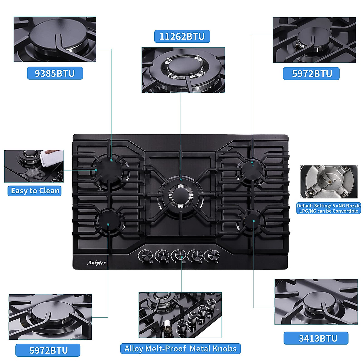 Anlyter 30 Inch Gas Cooktop, 5 Burners Built-in Stove Top Stainless Steel (Thermocouple Protection), LPG/NG Convertible Stove Dual Fuel Sealed Gas Hob - Black