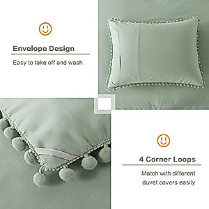 Litanika Sage Green Pom Pom Fringe Comforter Full(79x90 Inch), 3 Pieces(1 Boho Comforter and 2 Pillowcases) Aesthetic and Lightweight Microfiber Down Alternative Bedding Set