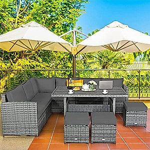 NICEDAYFY 7 PCS Patio Rattan Dining Set Sectional Sofa Couch Ottoman Garden Gray for Yard, Patio, Poolside, Porch, Etc