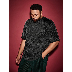WDIRARA Men's Plus Size Giltter Round Neck T Shirt Short Sleeve Sparkly Party Tee Tops Black Glitter 6XL