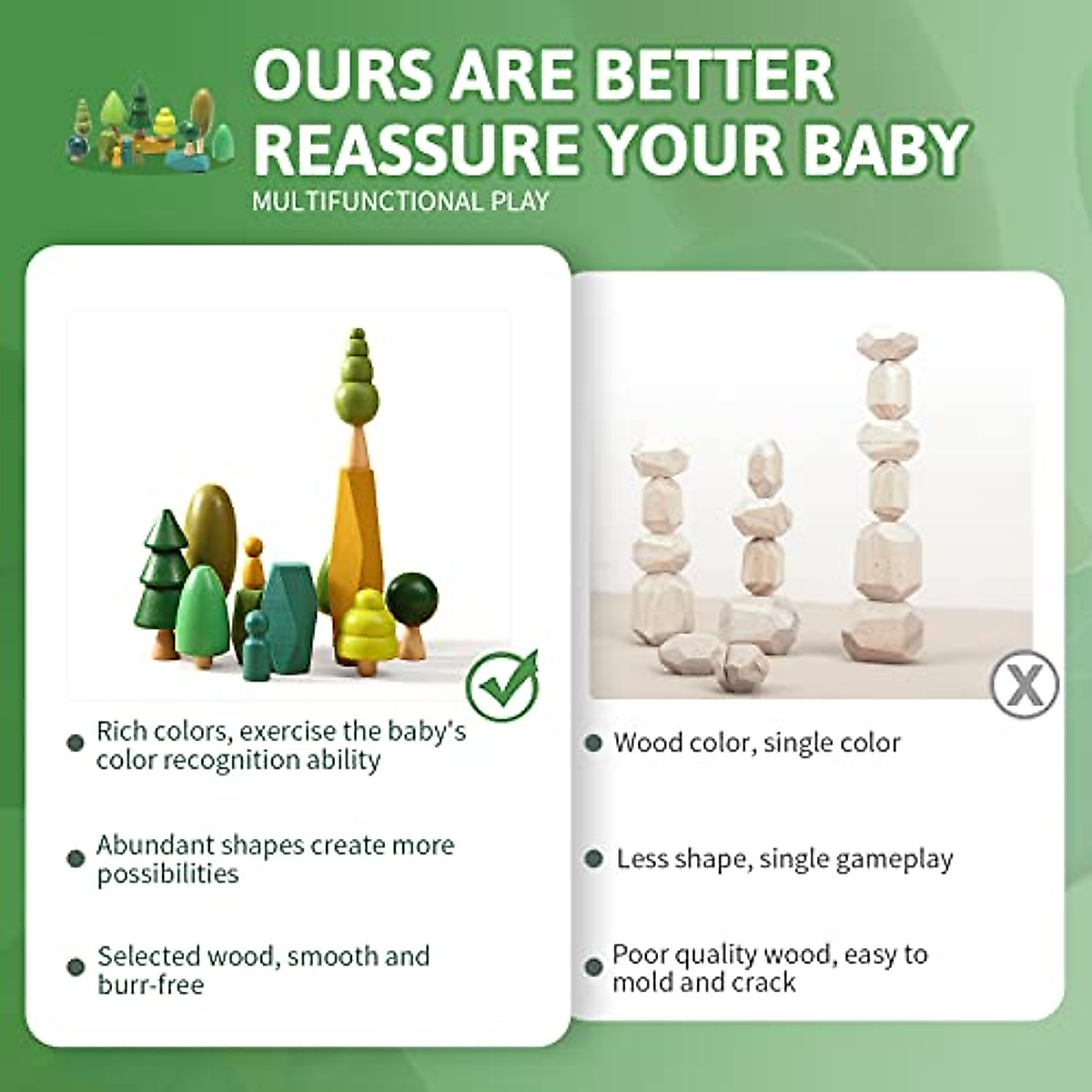 Macabaka Wooden Tree Toy Set 14 Pieces Wooden Sorting Stacking Balancing Stone Rocks Natural Wooden Mini Trees for Home Decor, Cake Topper and Montessori Toys