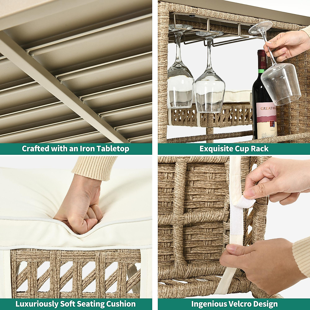 YITAHOME 5 Piece Patio Bar Set, Outdoor High Top Table and Chairs with Wine Glass Holder and Soft Cushions, Outdoor Wicker Furniture for Backyard, Garden Yard, Balcony, Beige Rattan