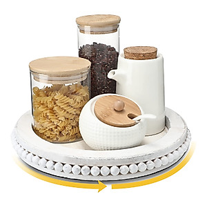 Wooden White Beaded Lazy Susan Round Spinning Kitchen Turntable 360 Degrees Rotating Lazy Susan Kitchen Tray for Cabinet Counter, 9.8 inch