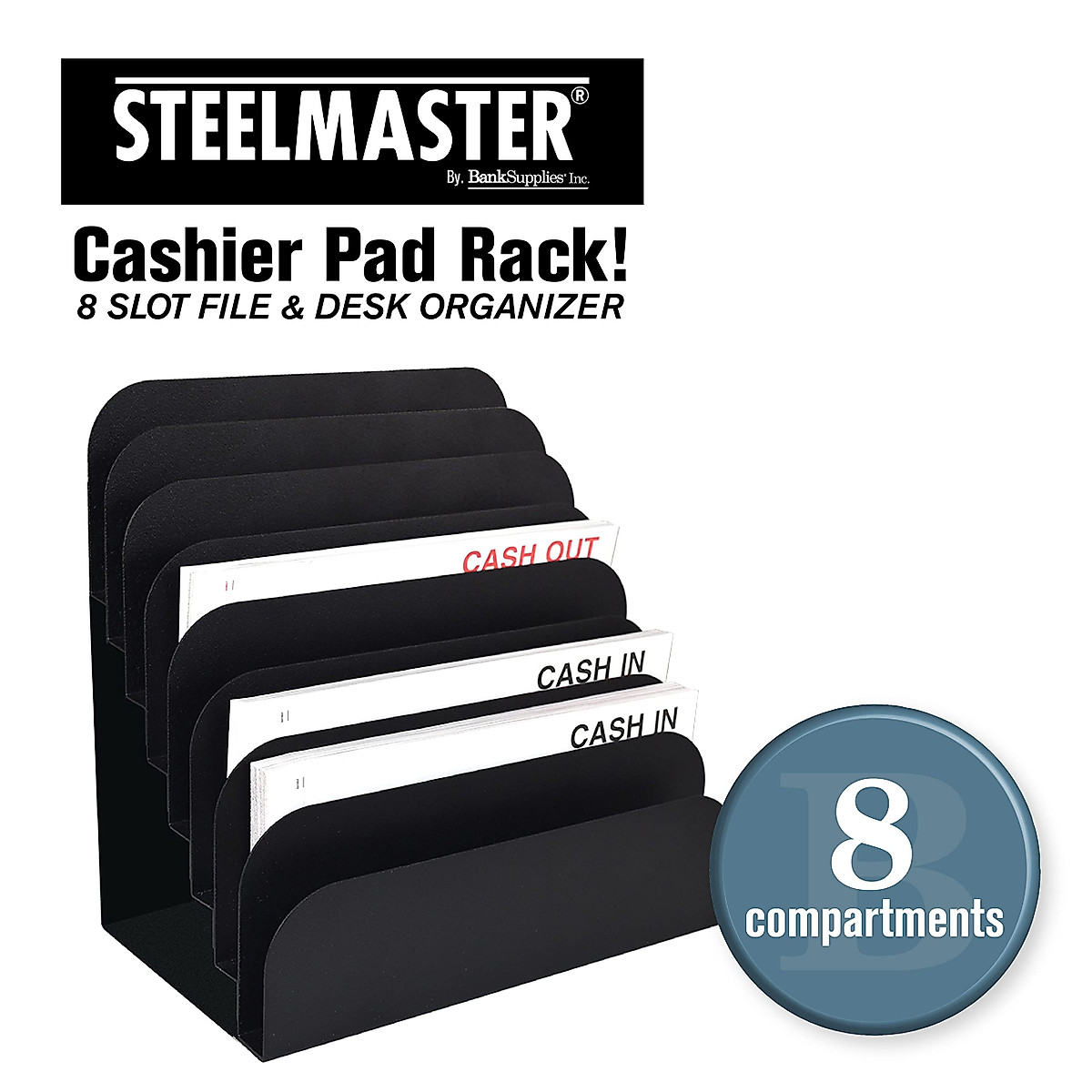 STEELMASTER by BankSuppliesâ€¯Steel Cashier Pad Rack | 8 Slot File & Desk Organizer | Paper Organizer | Black Powder Coat Finish | Scratch & Chip-Resistantâ€¯| Forms, Applications, Deposit Slips & Checks