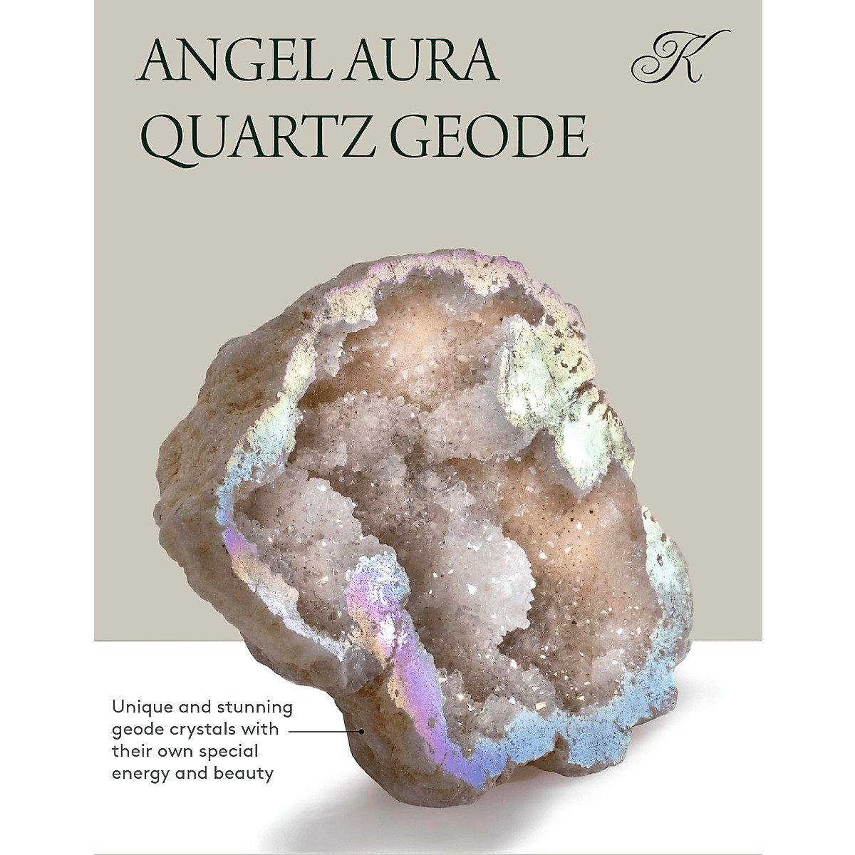 KALIFANO Angel Aura Quartz Geode - Titanium Bonded High Energy Crystal Cuarzo Cluster/Druzy with Information Card - Natural Reiki Rock Used for Clarity and Purpose (Family Owned and Operated)