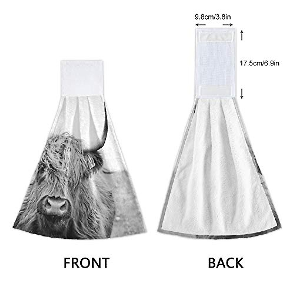 Qilmy Hand Towels Set of 2, Absorbent Hanging Towels with Loop & Hook, Dishcloths Wash Cloth for Kitchen Bathroom, Highland Cow