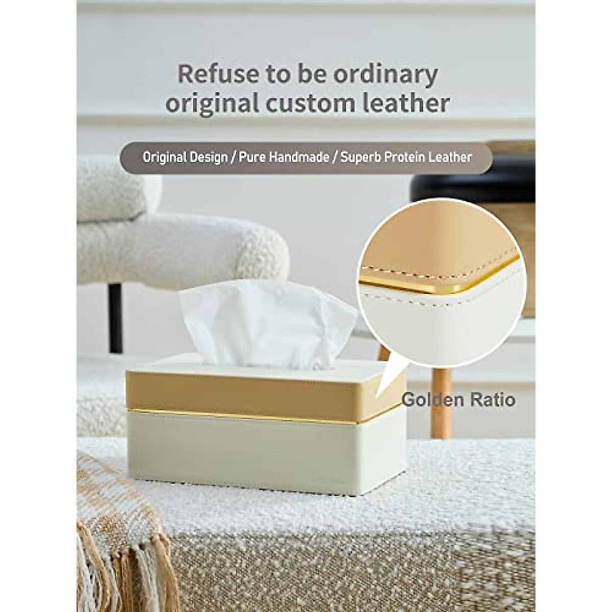 Tissue Box Holder Cover Rectangular, Modern PU Leather Decorative Tissue Holders Organizer-Apricot Cream