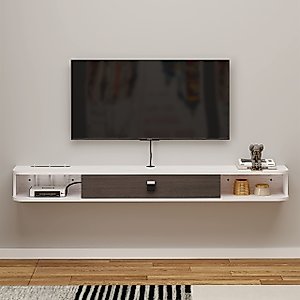Bixiaomei Floating TV Unit, 79'' Wall Mounted TV Cabinet, Floating Shelves with Door, Modern Entertainment Media Console Center Large Storage TV Bench for Living Room & Office (78.74IN, Grey White)