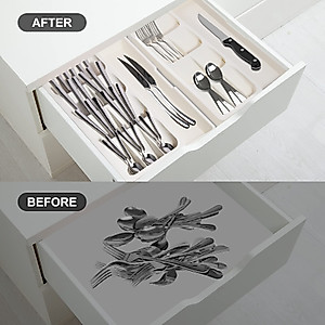 Faridabio Kitchen Drawer Organizer Tray,Expandable Cutlery Silverware Organizer Storage Tray for Kitchen Drawer Flatware Spoons Forks,Creamy White